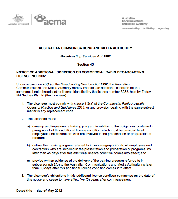 ACMA imposes harsh condition on 2Day. SCA not happy - RadioInfo Australia